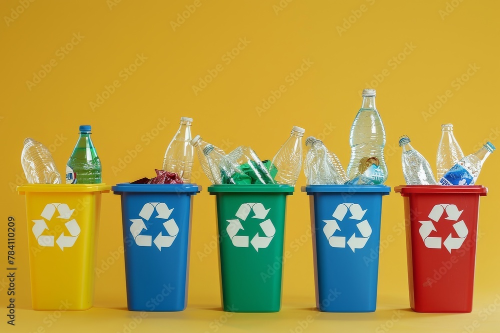 Various colored bins for recyclables brimming with plastic bottles ...