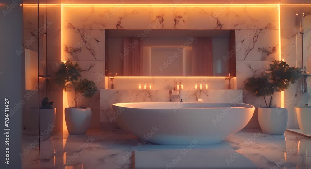 Symmetrical modern bathroom with LED lighting and natural marble ...