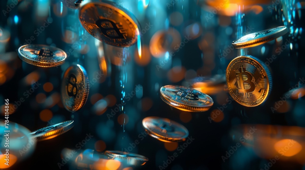 An isolated 3d scene of spinning virtual coins hovering in mid-air AI ...