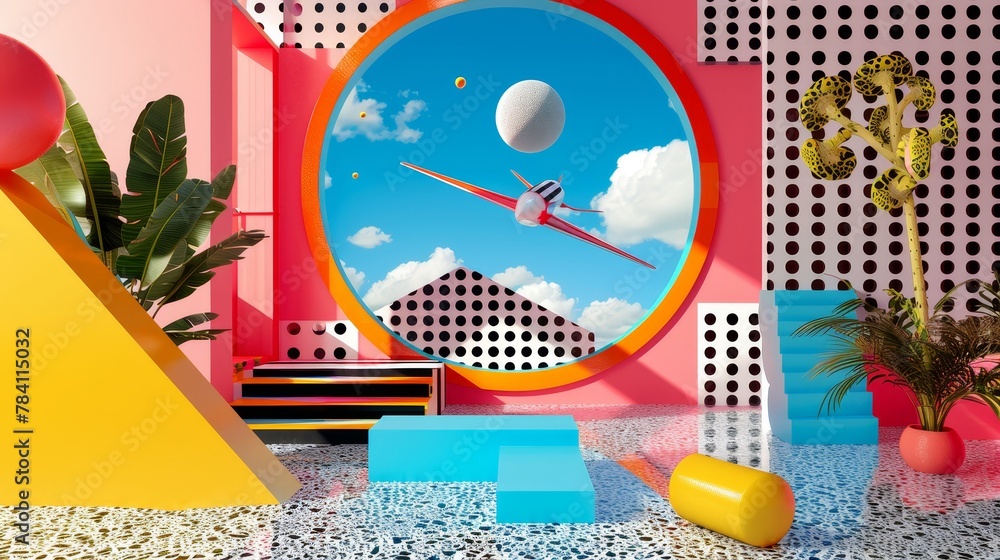 Bold and vibrant 3d renderings of flying objects in a Memphis-inspired ...