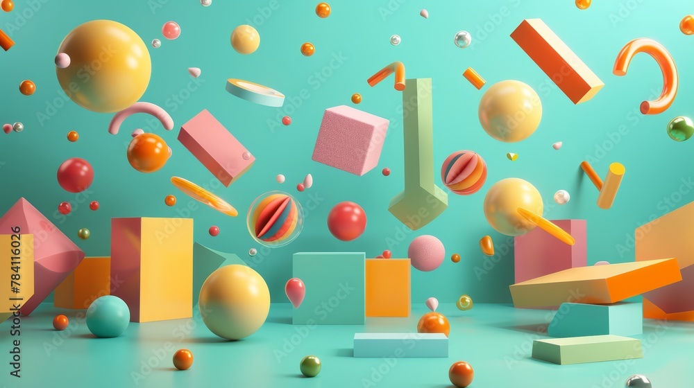 Dynamic 3d art showcasing levitating shapes in a whimsical design AI ...