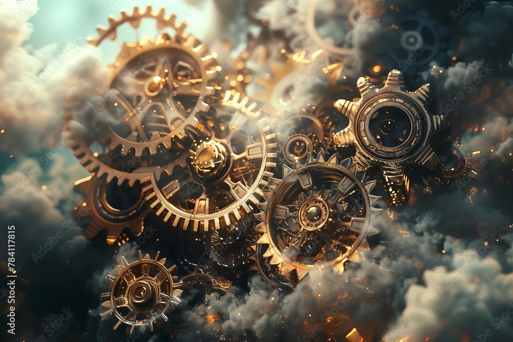 whimsical steampunk gears and cogs interlocking in a surreal ...