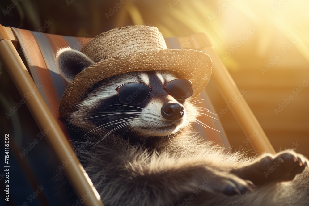 Funny raccoon in a straw hat and sunglasses sunbathing on a deck chair ...