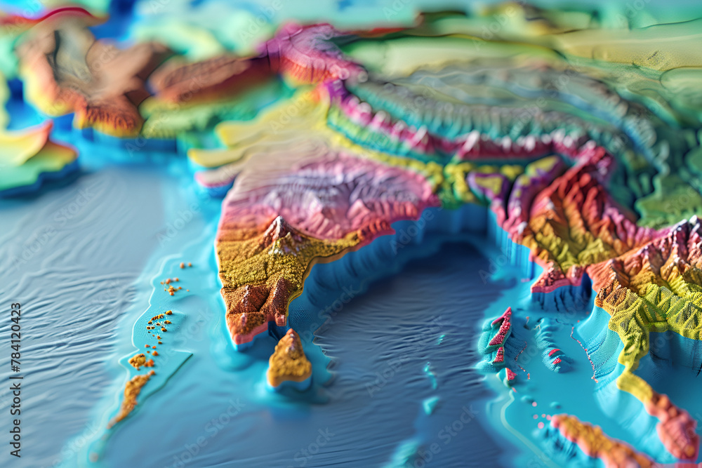 Vivid 3D relief map showcasing diverse terrain and coastal features ...