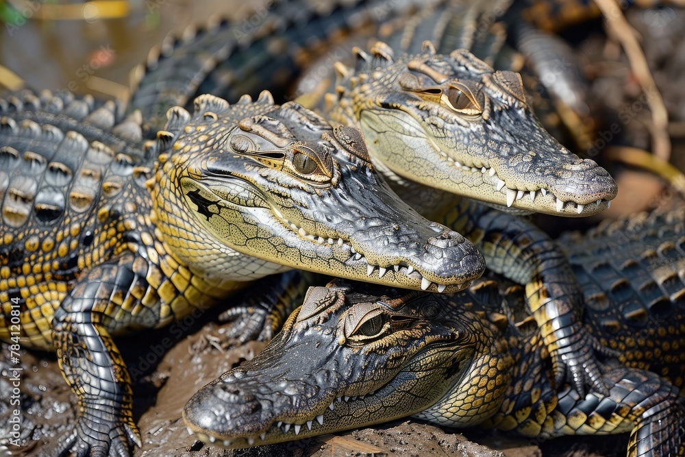 Three baby alligators are laying on the ground. They are all facing the ...