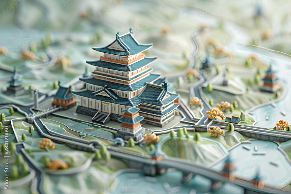 Stylized 3D map showcasing a historic East Asian temple complex. Stock ...