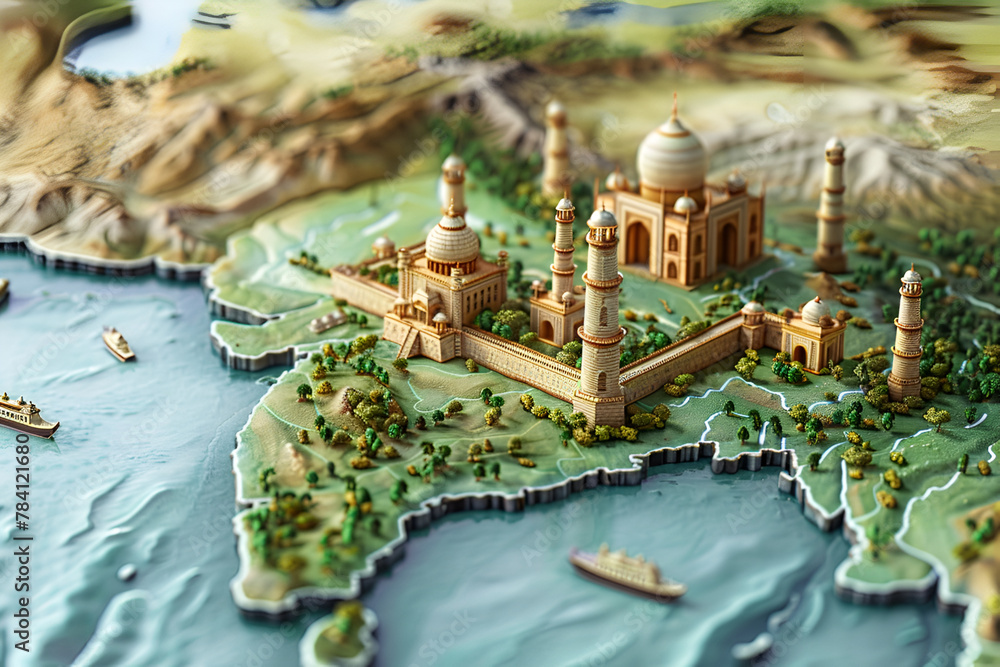 Detailed 3D map of the Taj Mahal with surrounding river and greenery ...