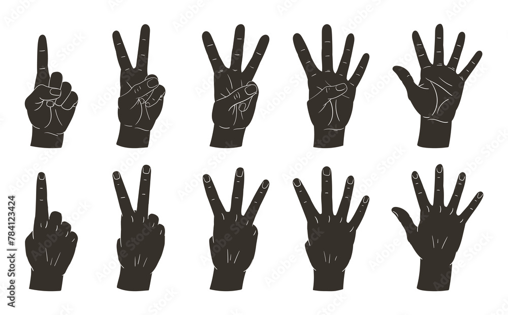 Vetor de Counting hands silhouettes. Hand palms count gestures ...