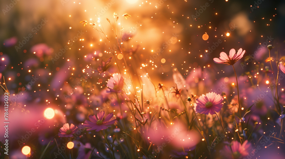 sunrise sunset over meadow with pink flowers, spring photography ...