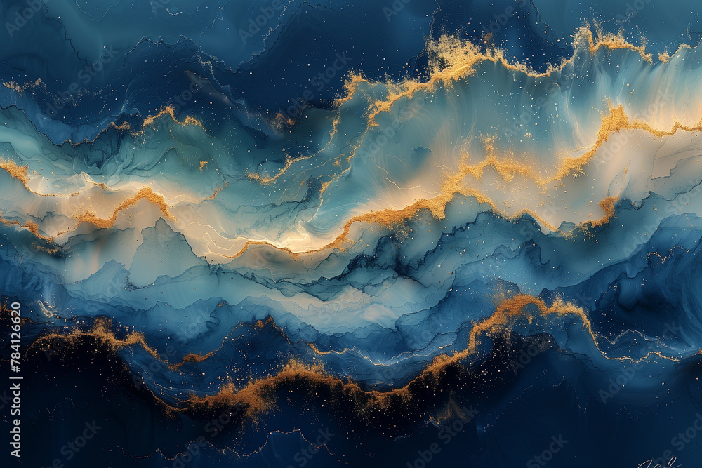 Abstract blue liquid marble watercolor background with gold lines. Blue ...