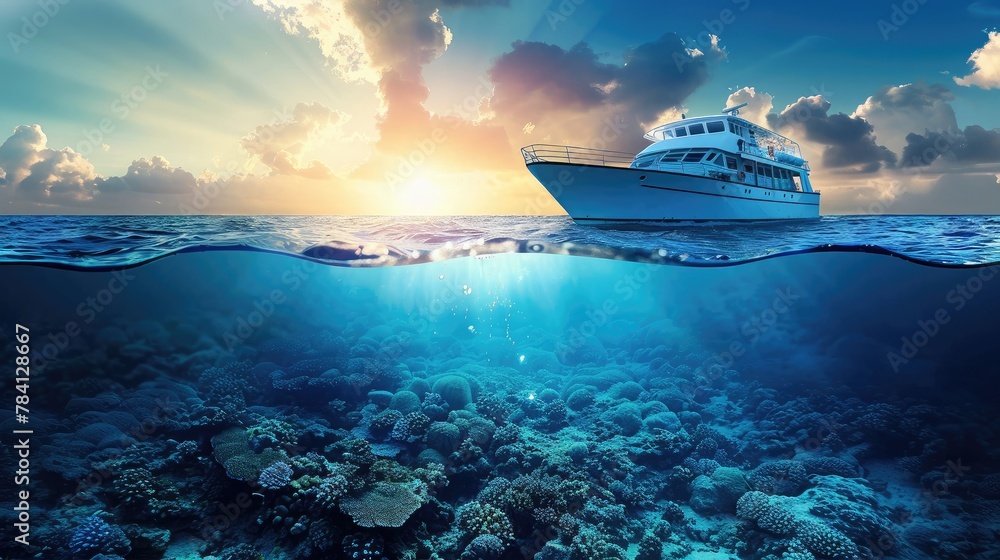 beautiful sunlight seaview safari dive boat in tropical sea with deep ...