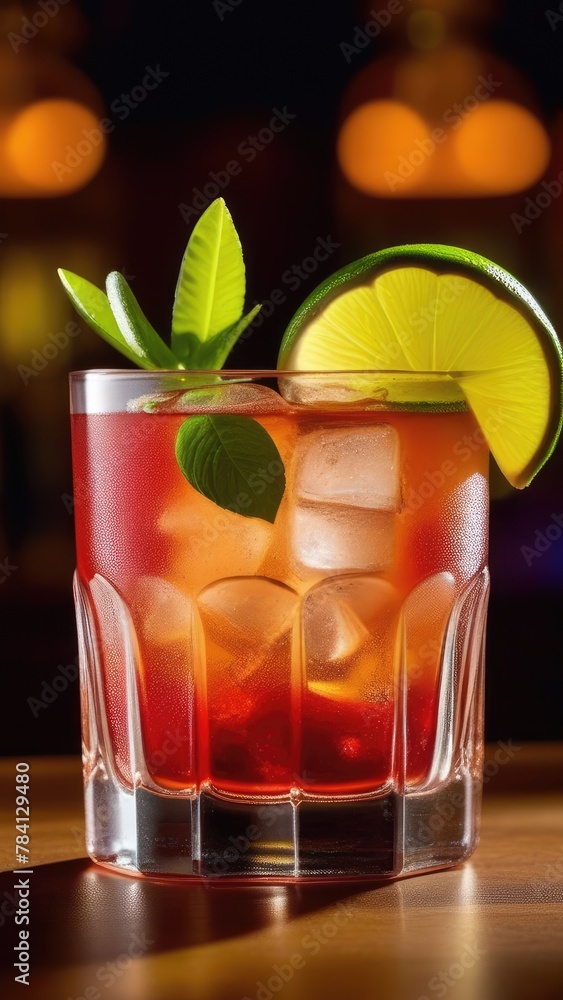 rum cocktail with lime in a glass on a bar counter in a nightclub ...