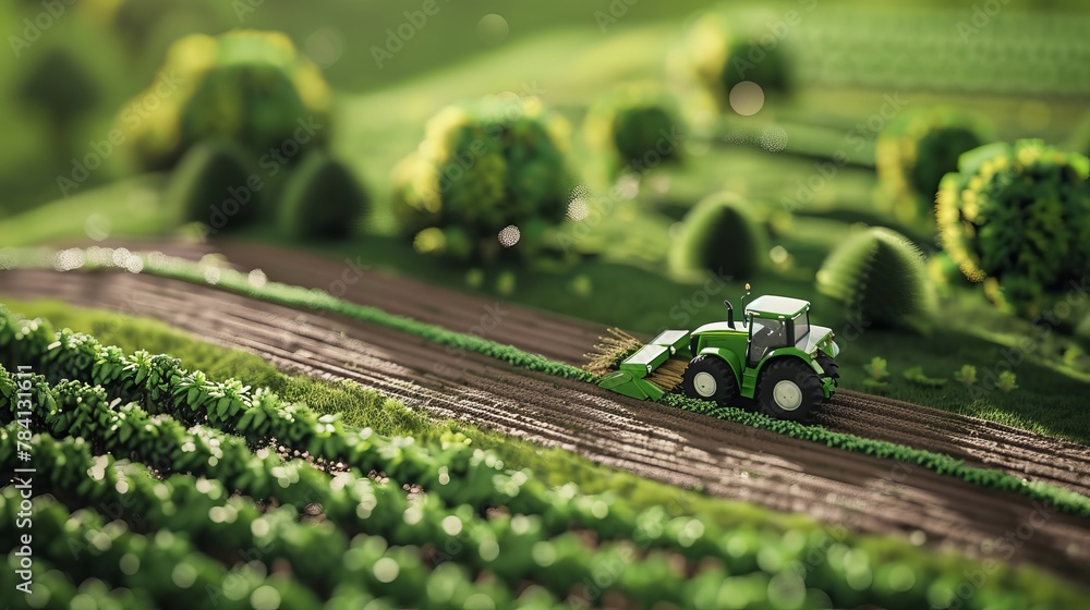 A 3D rendered farm scene features green farmland with crops and a ...