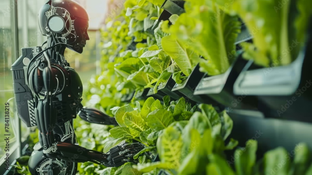 Robot managing indoor vertical farm, futuristic agriculture concept ...