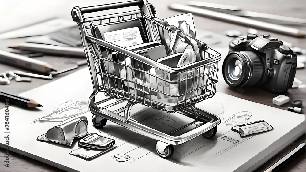 "Sketch, A sketch of a digital shopping cart displaying different items ...