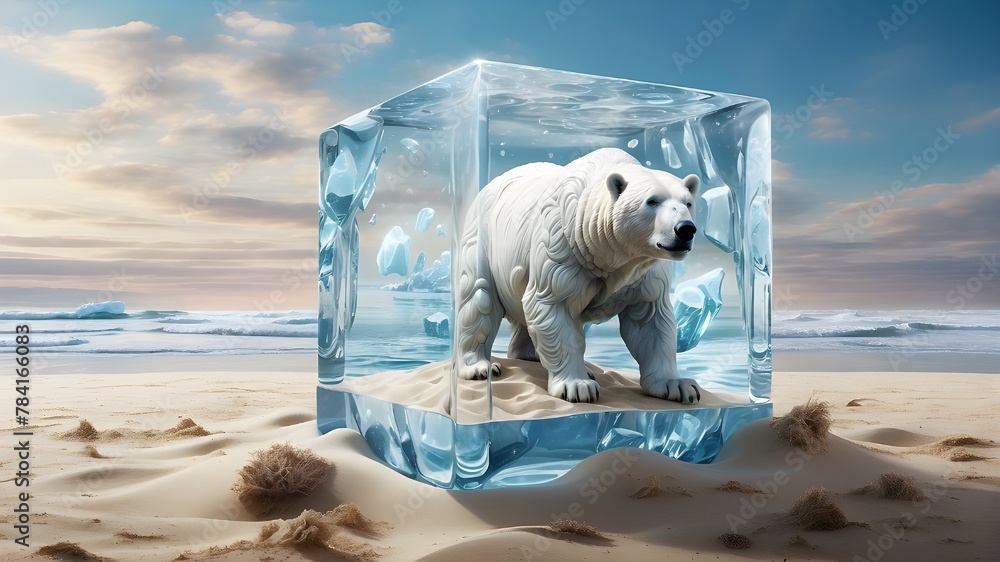 "Artistic Image, A surreal depiction of an ice cube sculpture on sand ...