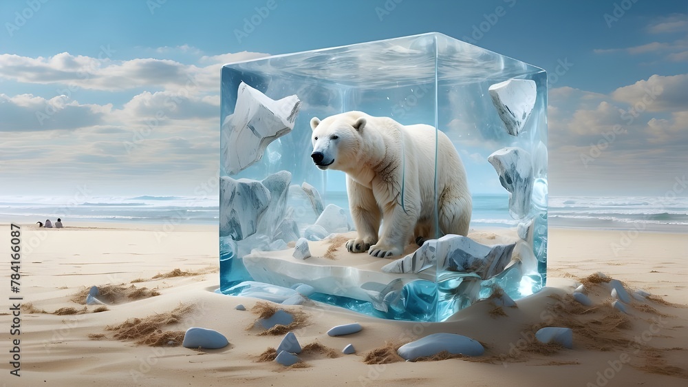 "Artistic Image, A surreal depiction of an ice cube sculpture on sand ...