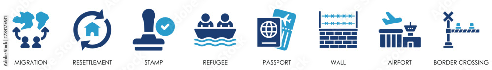 Migration icon set. Containing visa, passport, border and so on. Flat ...