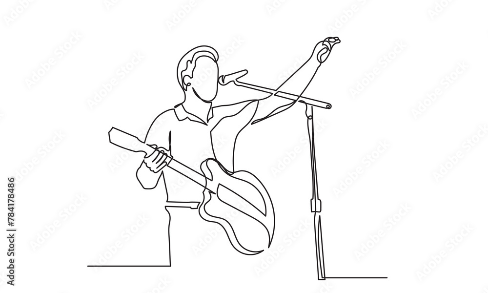 Vetor de Single one-line drawing of a singer with a guitar.continuous ...