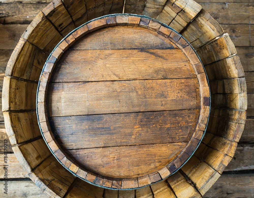 Top view of an old rustic wooden barrel, old wine cellar, bourbon ...