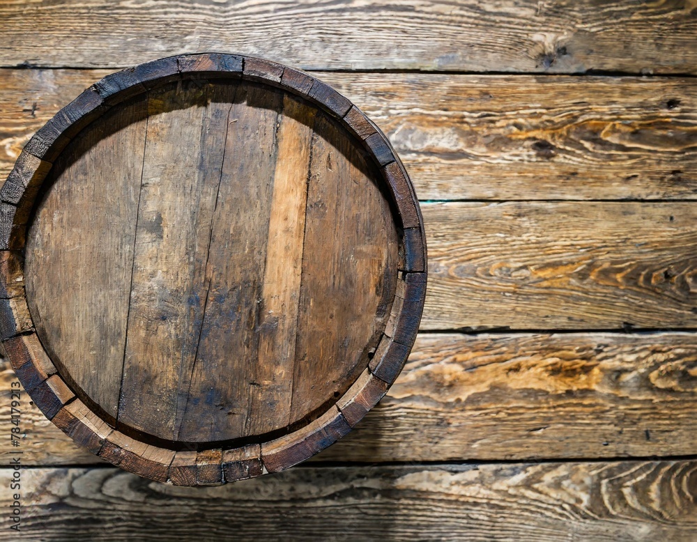 Top view of an old rustic wooden barrel, old wine cellar, bourbon ...