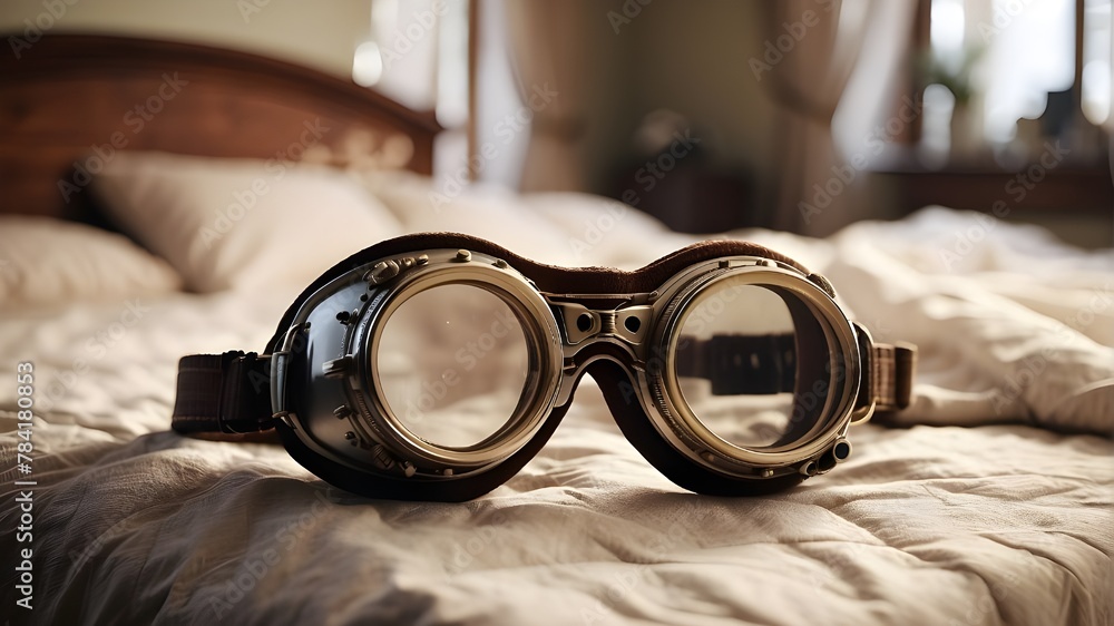 A photorealistic image depicting a pair of goggles placed neatly on top ...