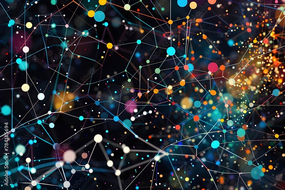 A colorful, abstract image of many dots and lines. The dots are of ...