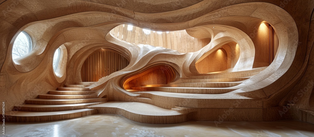 A room featuring a staircase and a unique curved wall design, creating ...