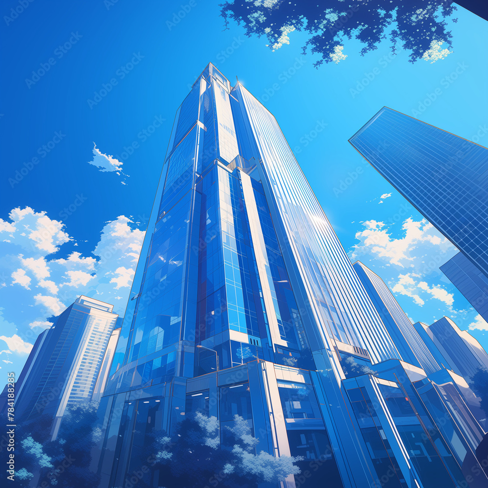 anime illustration of a skyscraper, modern building illustration, city ...