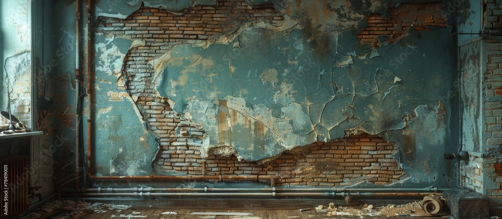 Old, dilapidated building showing signs of decay with a wall featuring ...