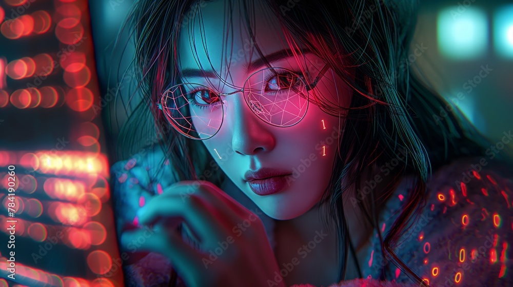 Binary codes and a girl with an electronic tablet. Digital ...