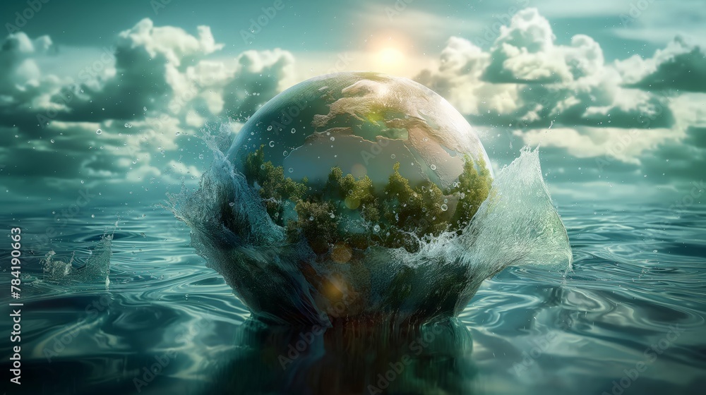 The planet Earth drowning in water. Submerged city background. Floods ...