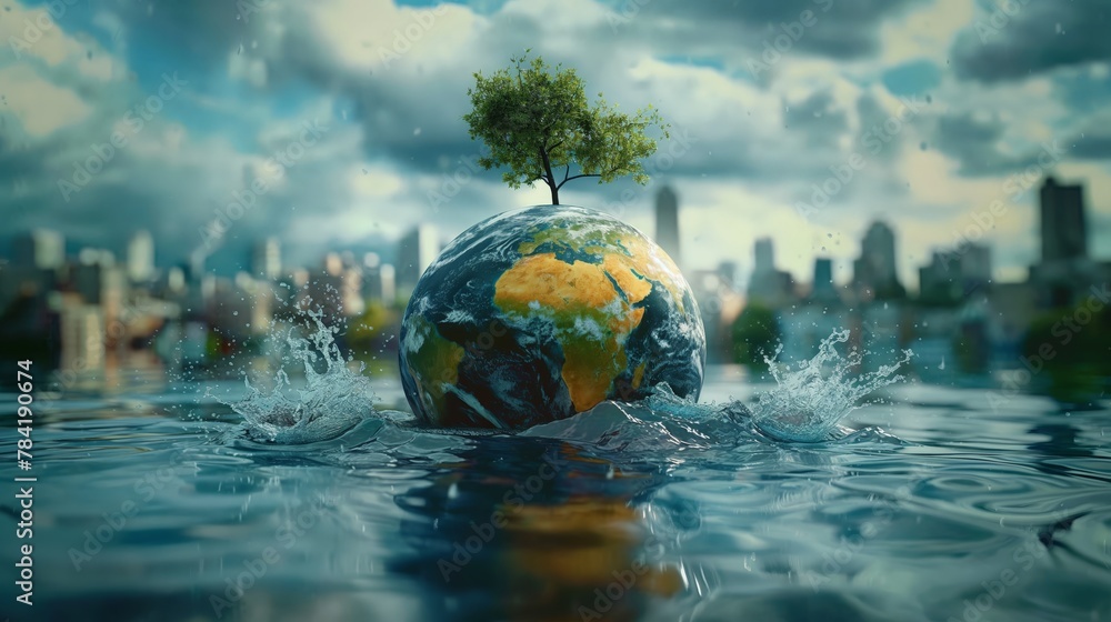 The planet Earth drowning in water. Submerged city background. Floods ...