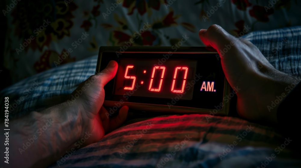 A hand reaching out to press the snooze button on a digital alarm clock ...