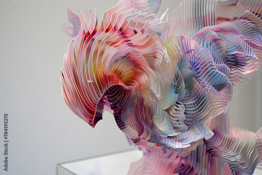 A colorful, abstract sculpture of a flower made of paper. The sculpture ...