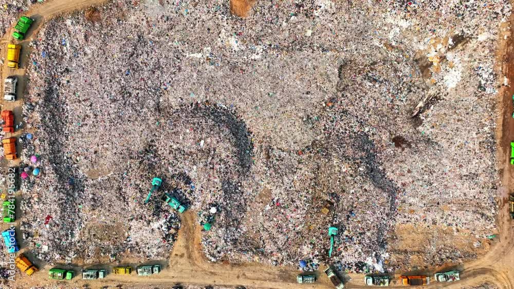 Vidéo Stock An aerial perspective reveals a sprawling landfill, vibrant ...