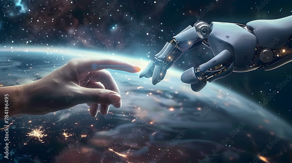 A human hand and a robot about to engage in a touch, partnership and ...