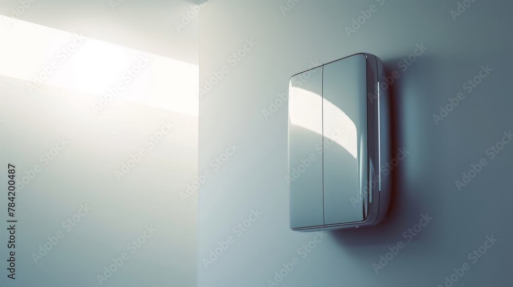 Modern battery in a sleek design, mounted on a bright white wall. Sleek ...