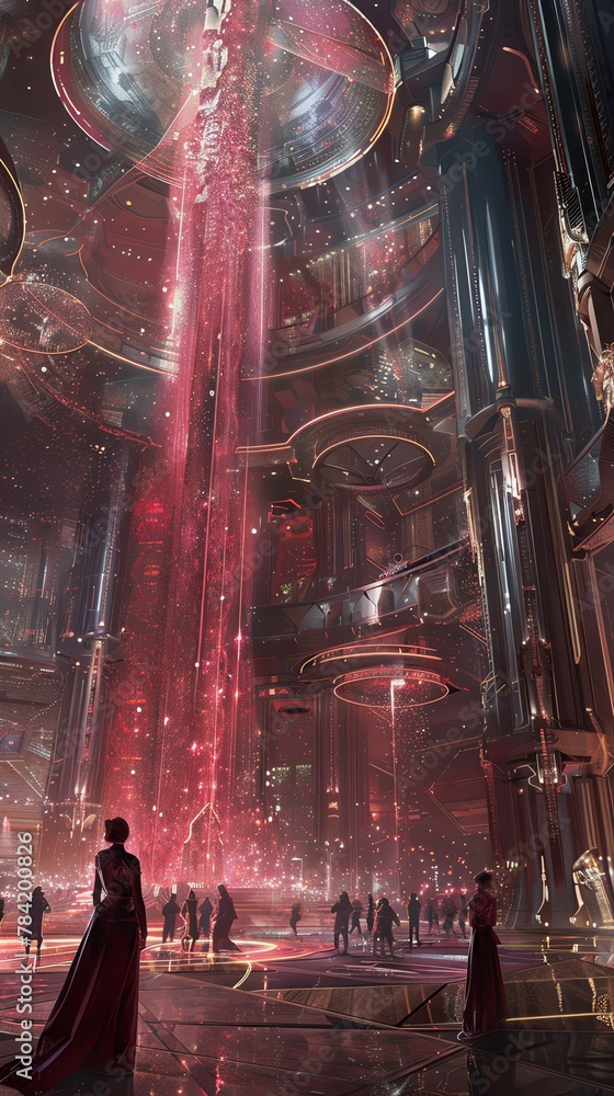 Craft a visually stunning representation of a grand futuristic gala ...