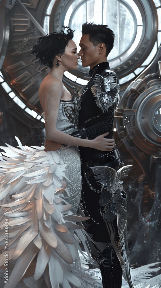 Craft a visually stunning representation of a grand futuristic gala ...