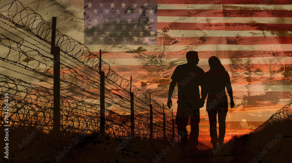 A man and woman are seen in silhouette after breaching a border fence ...