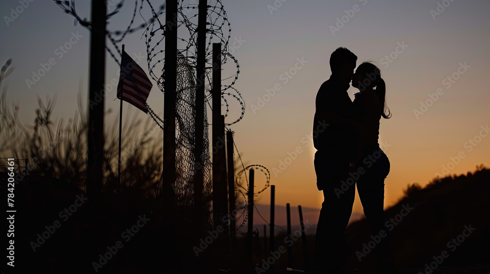 A man and woman are seen in silhouette after breaching a border fence ...