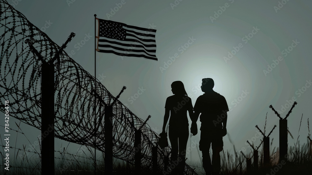 A man and woman are seen in silhouette after breaching a border fence ...