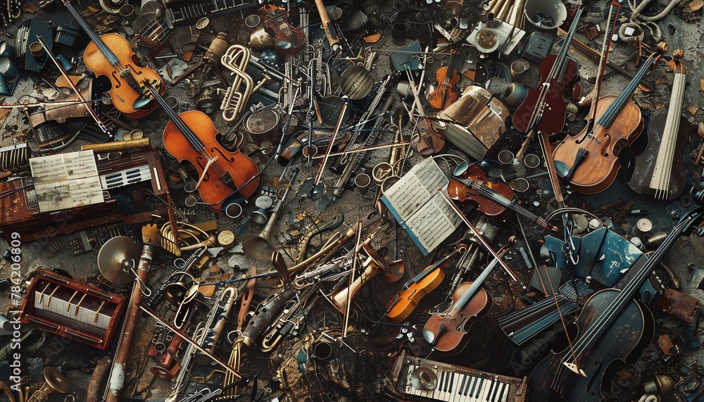 Illustrate a surreal birds-eye view of a musical orchestra where the ...