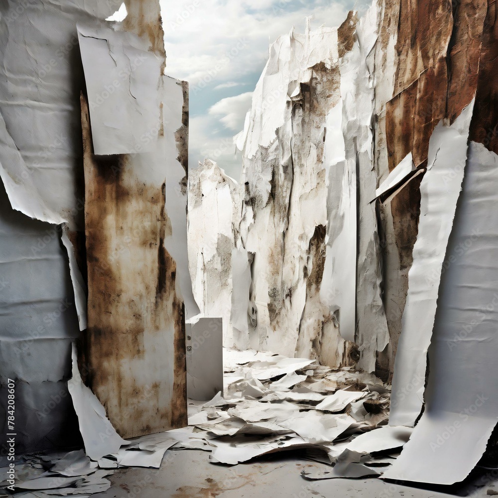 a white paper ripped torn background, with blank posters and placards ...