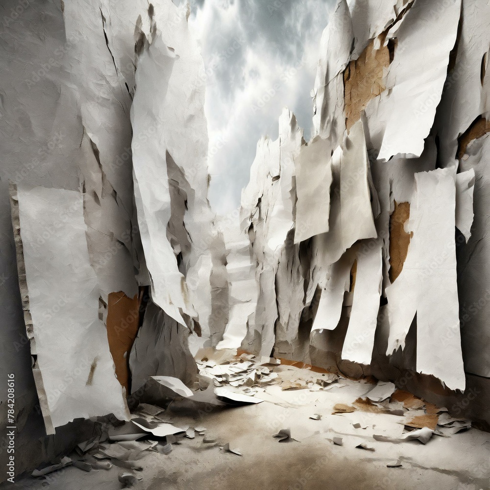 wall.a white paper ripped torn background, with blank posters and ...