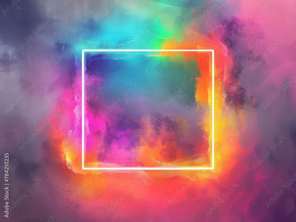 A vibrant watercolor design of a square neon frame with corners ...