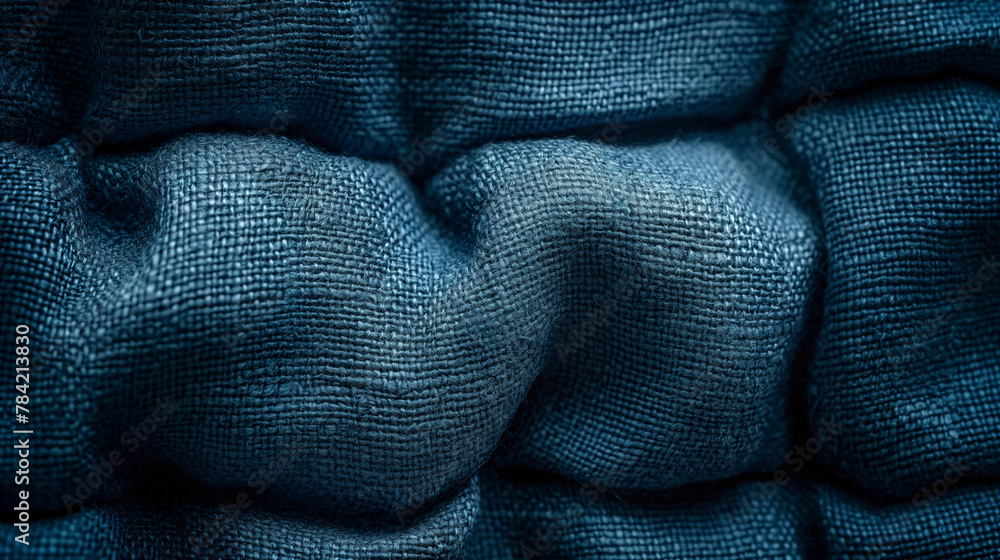 Abstract fabric texture background, close up picture of purssian blue color thread, macro image ...