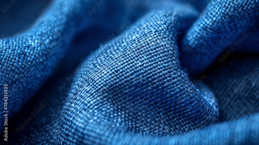 Abstract fabric texture background, close up picture of purssian blue color thread, macro image ...