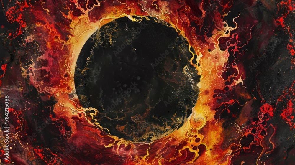 An intense watercolor depiction of a circular fire frame with ...